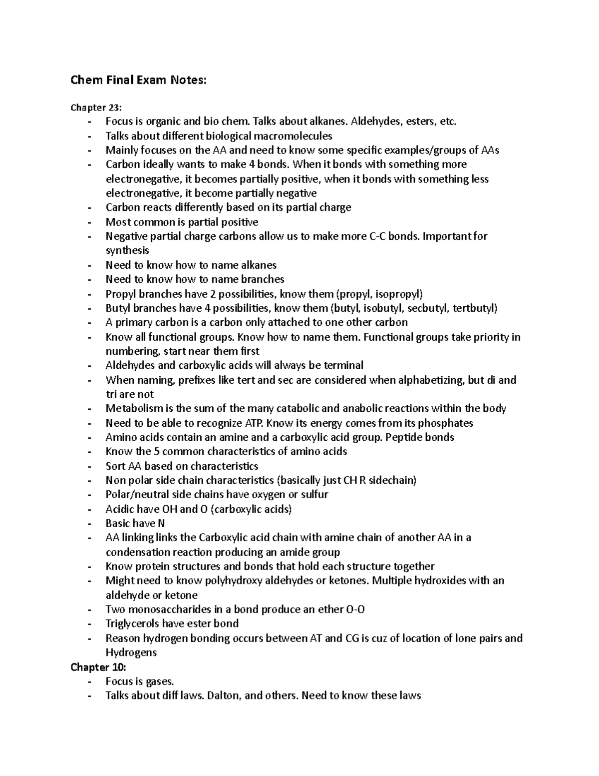 Chem Final Exam Notes - Chem Final Exam Notes: Chapter 23: - Focus is ...