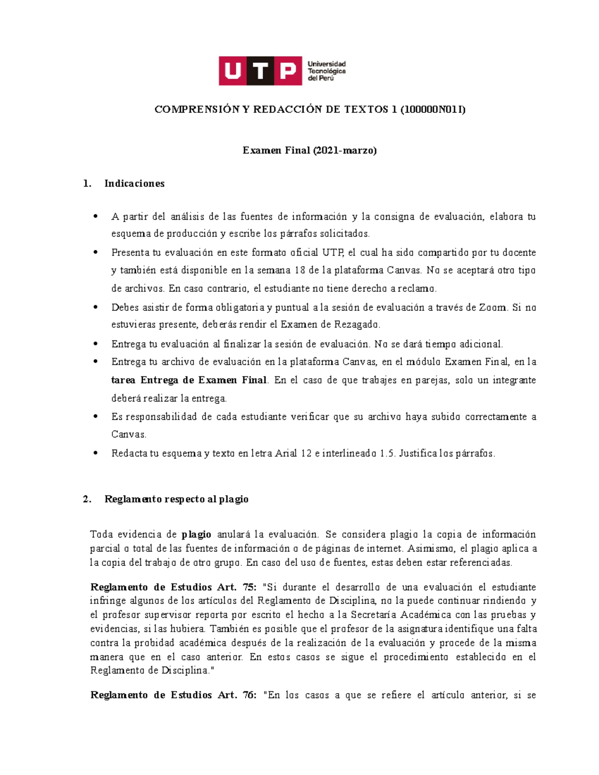 Comprensión Y Redacción DE Textos 1- Examen Final (Formato oficial UTP) - COMPRENSIÓN Y ...