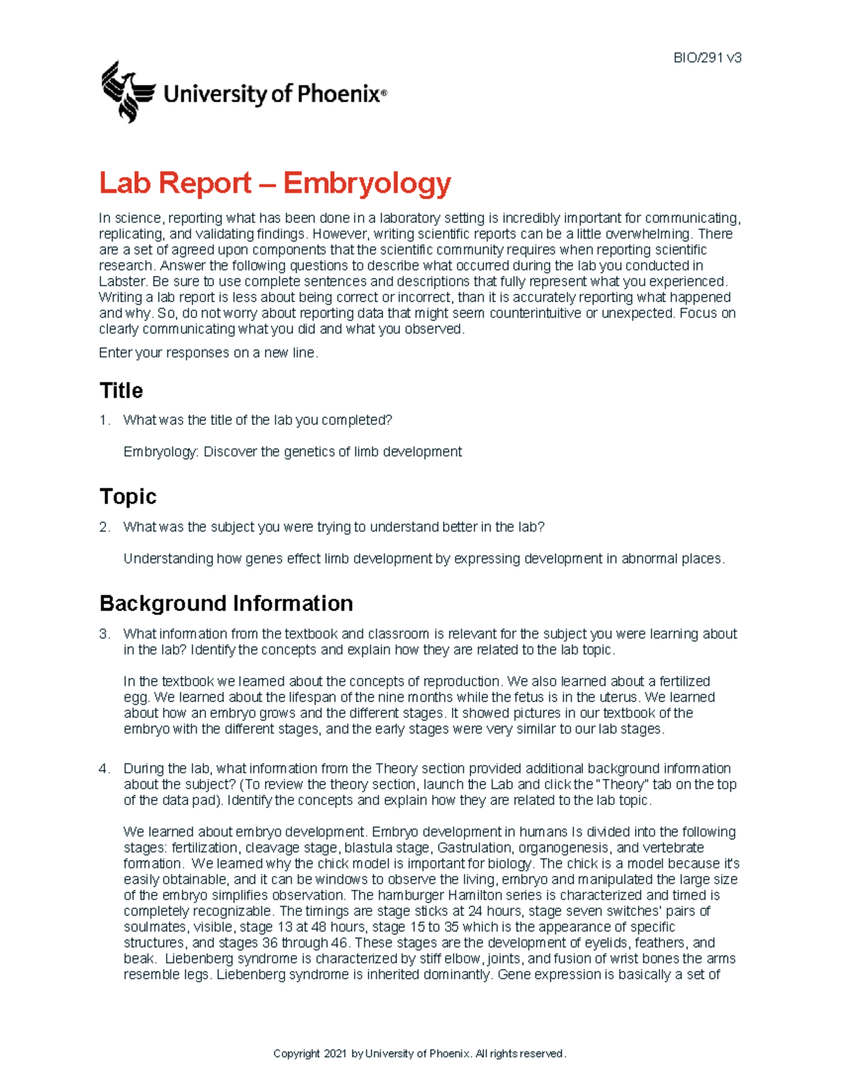 Bio291 v3 wk7 the embryology lab report new - BIO/291 v Lab Report ...