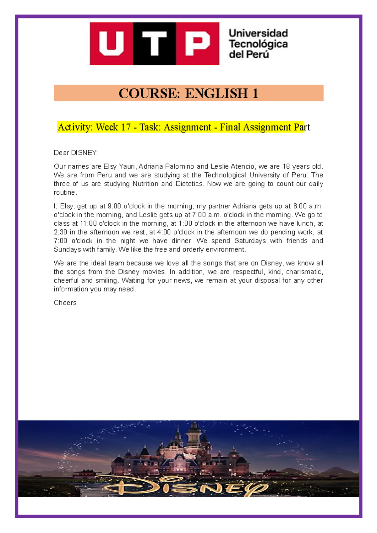 Ingles 1 2022 - COURSE: ENGLISH 1 Activity: Week 17 - Task: Assignment ...