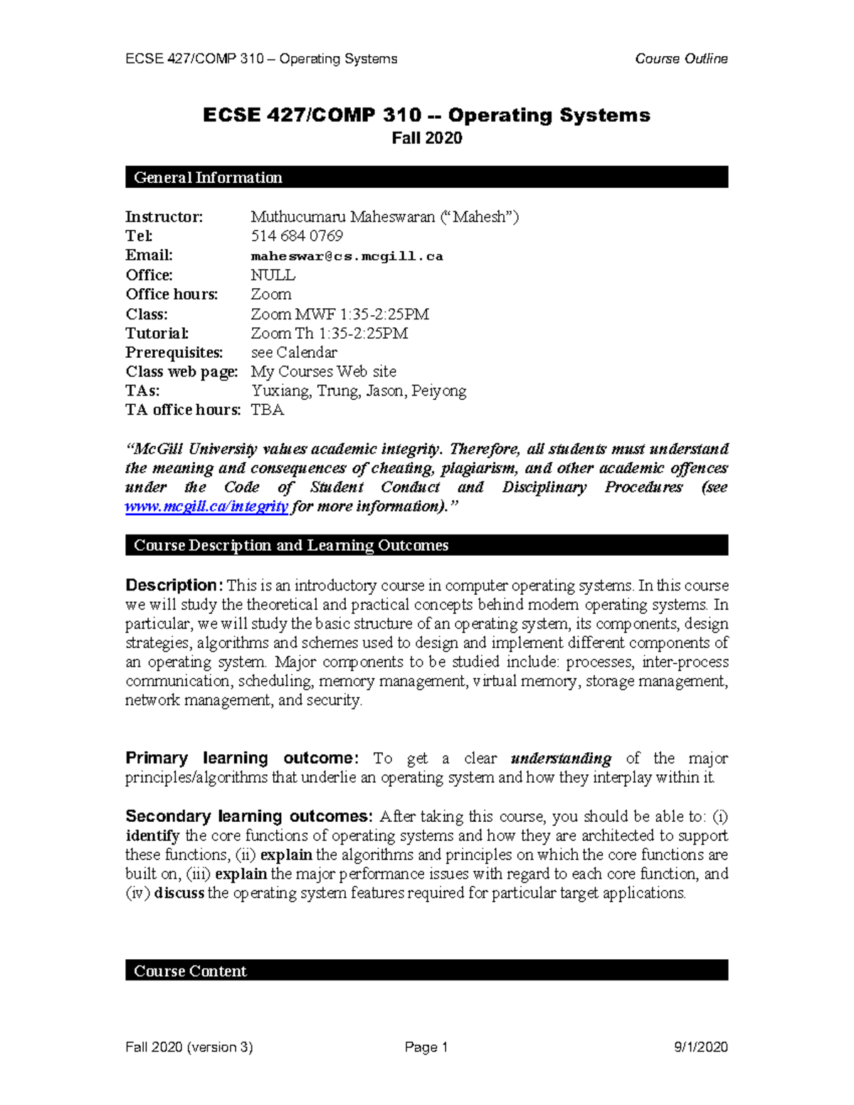 OS outline - Syllabus - ECSE 427/COMP 310 - Operating Systems Fall 20 ...