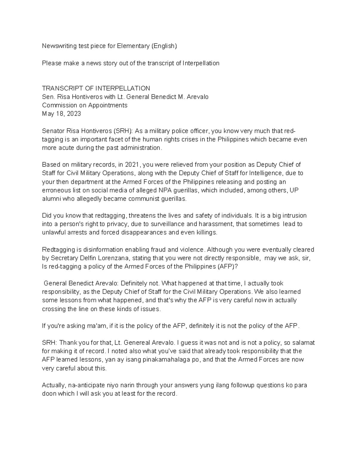 Newswriting English 5 1 - Newswriting test piece for Elementary ...