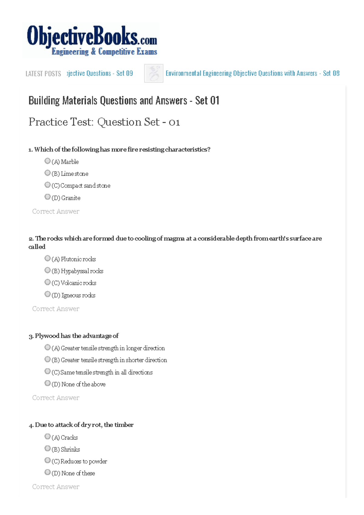 Building Materials full - ntal Engineering Objective Questions - Set 09 ...
