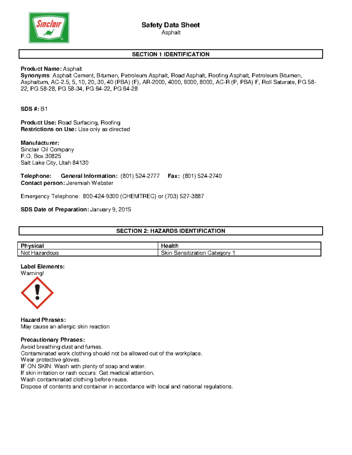MSDS.Bulk Products - An assignment - Safety Data Sheet Asphalt SECTION ...