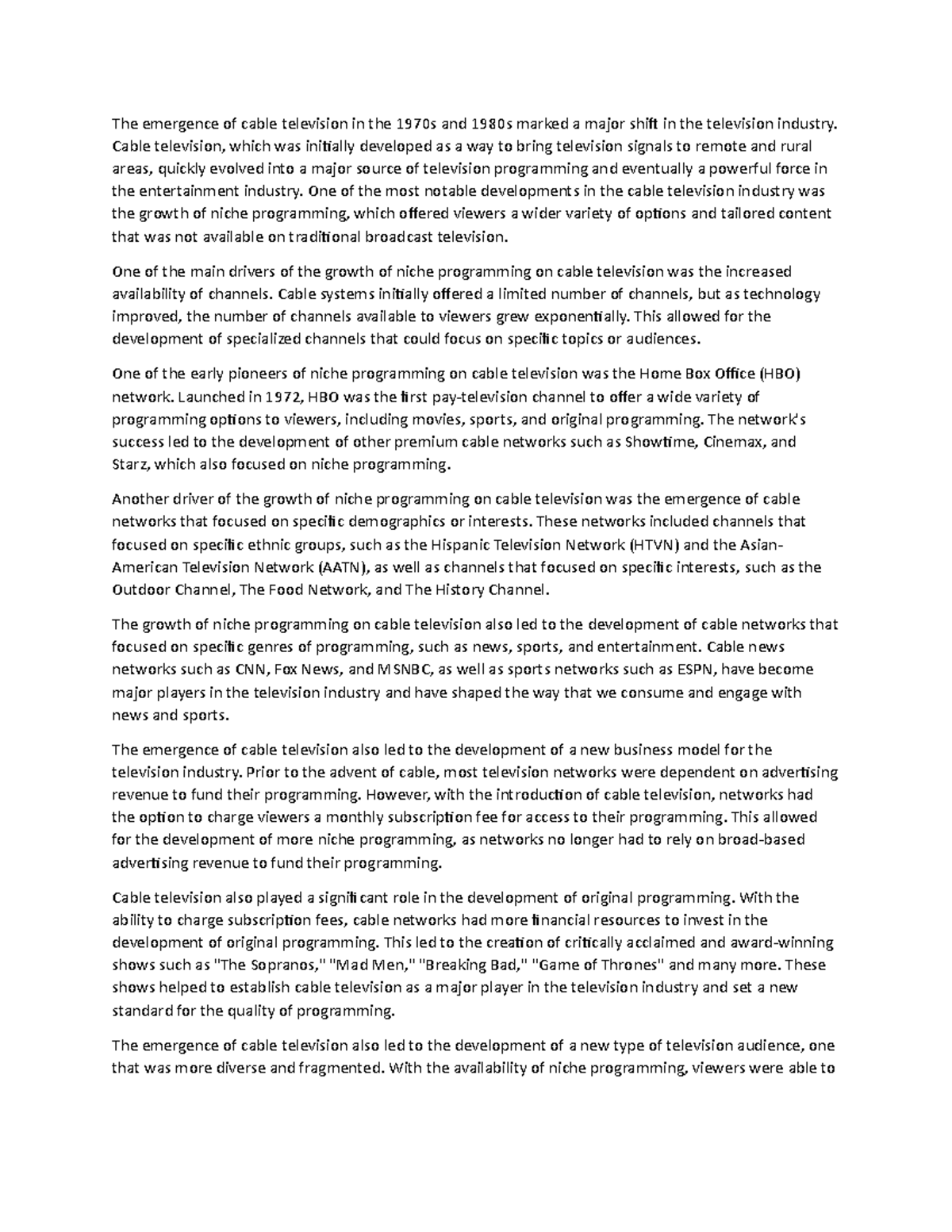 28. Emergence of Cable TV and growth of niche programming - The emergence of cable television in ...