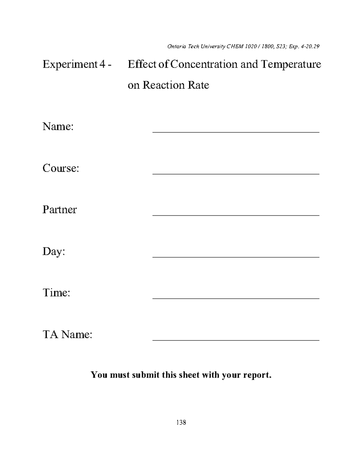 Lab 4 - lab 4 1800 - Ontario Tech University CHEM 1020 / 1800, S23; Exp ...