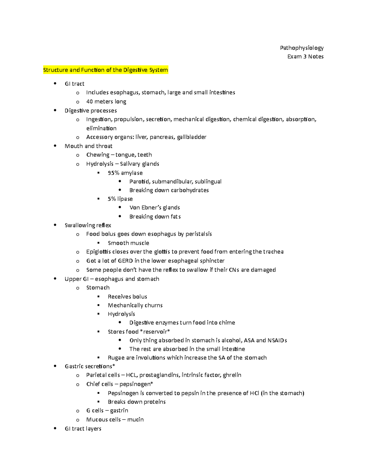 Patho Exam 3 Notes From Lecture Pathophysiology Exam 3 Notes Structure And Function Of The
