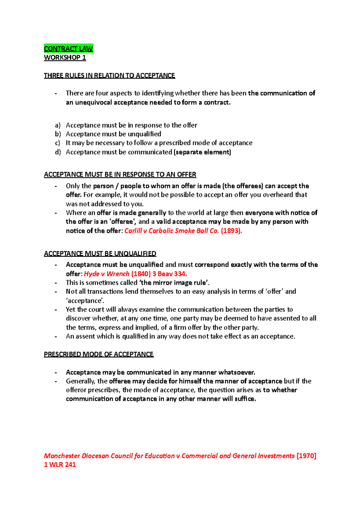 Three Rules IN Relation TO Acceptance - CONTRACT LAW WORKSHOP 1 THREE ...