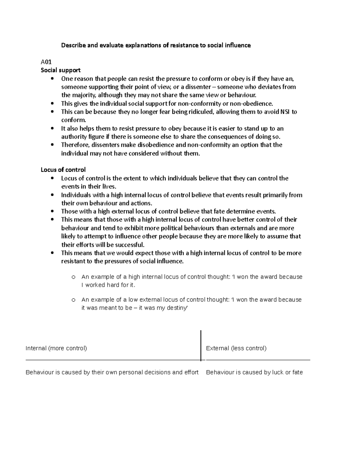 Resistane to social influence - Describe and evaluate explanations of ...