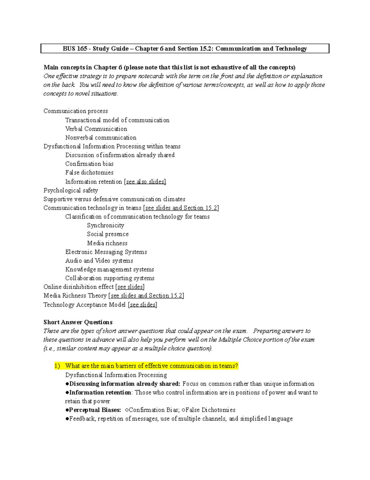 BUS 165 - Study Guide - Chapter 6 and Section 15 - BUS 165 - Study ...