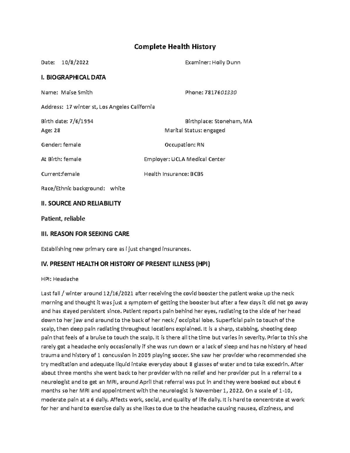 Complete health history corrected - Complete Health History Date: 10/8 ...