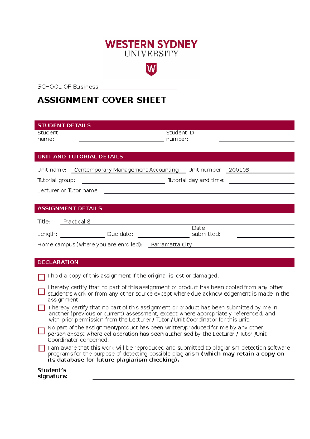 CMA - Week 10 - Weekly practical that must be submitted before class ...