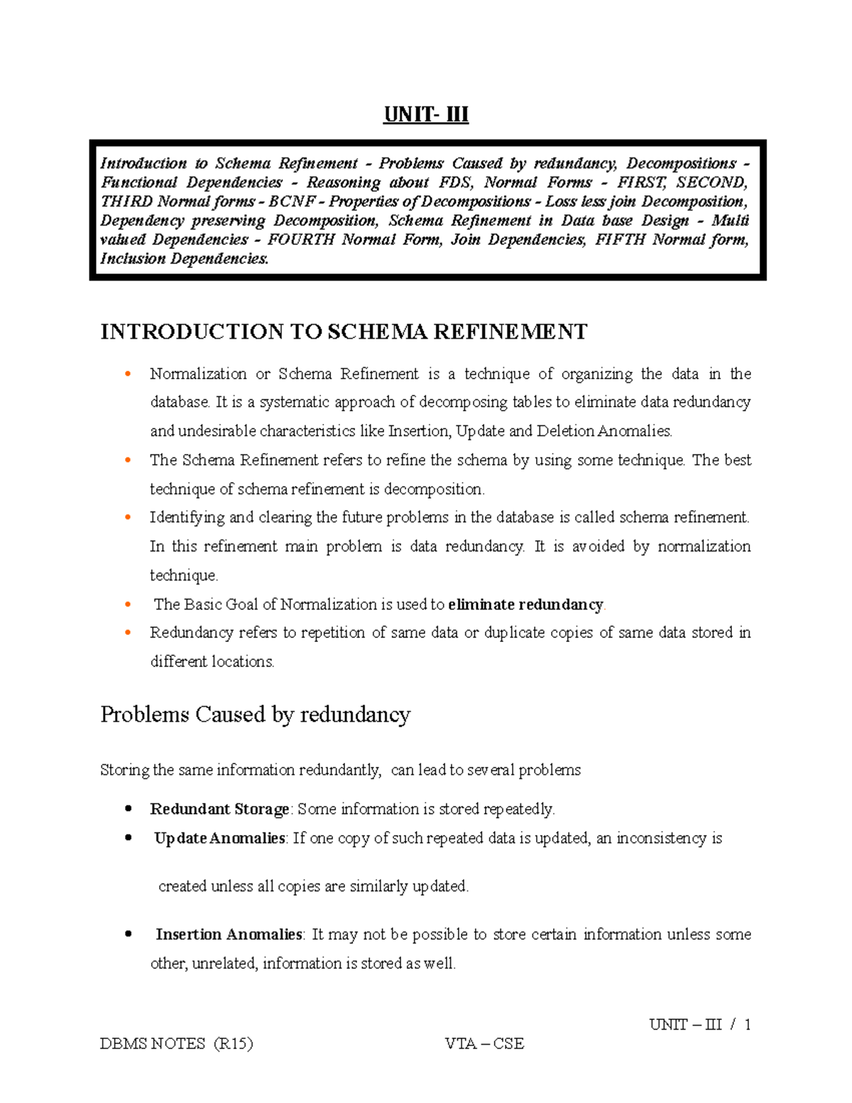 Unit 3 notes - eswar - UNIT- III Introduction to Schema Refinement ...