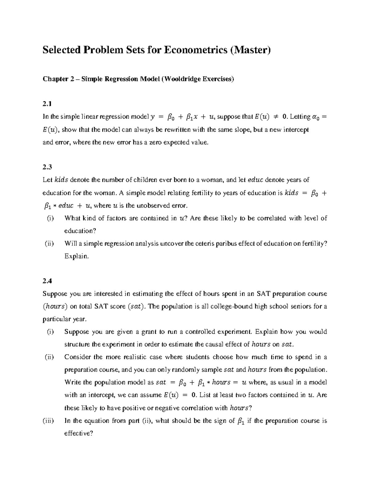 Selected Problem Sets for Econometrics Lecture - Selected Problem Sets ...