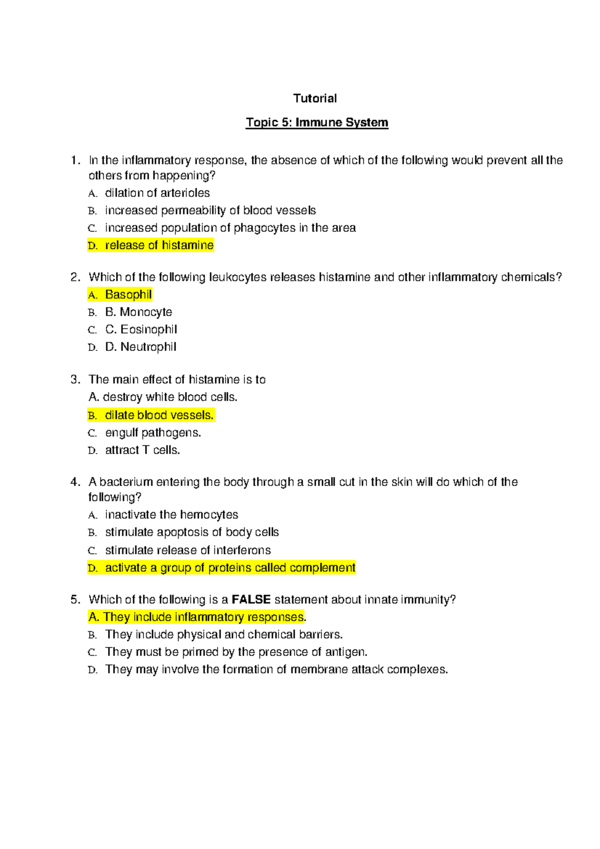 Tutorial Topic 5 Immune System - Tutorial Topic 5: Immune System In the ...