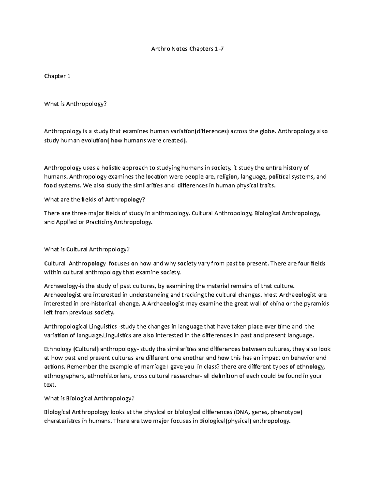 Anthro notes ch 1-7 - Anthro Notes Chapters Chapter 1 What is ...