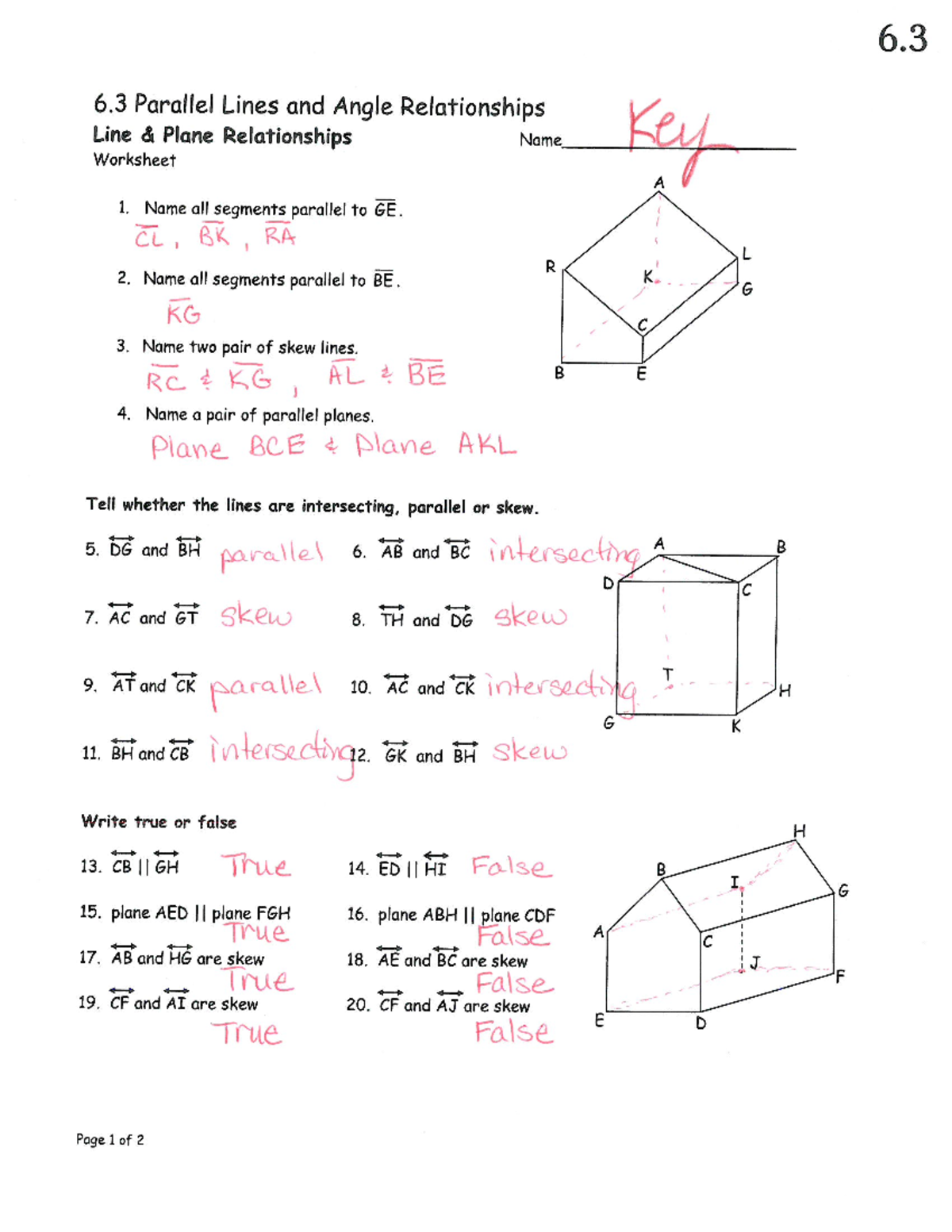 1.3 Pract Par Int or Skew in 3D KEY - 6 6 Parallel Lines and Angle Relationships Line Plane ...