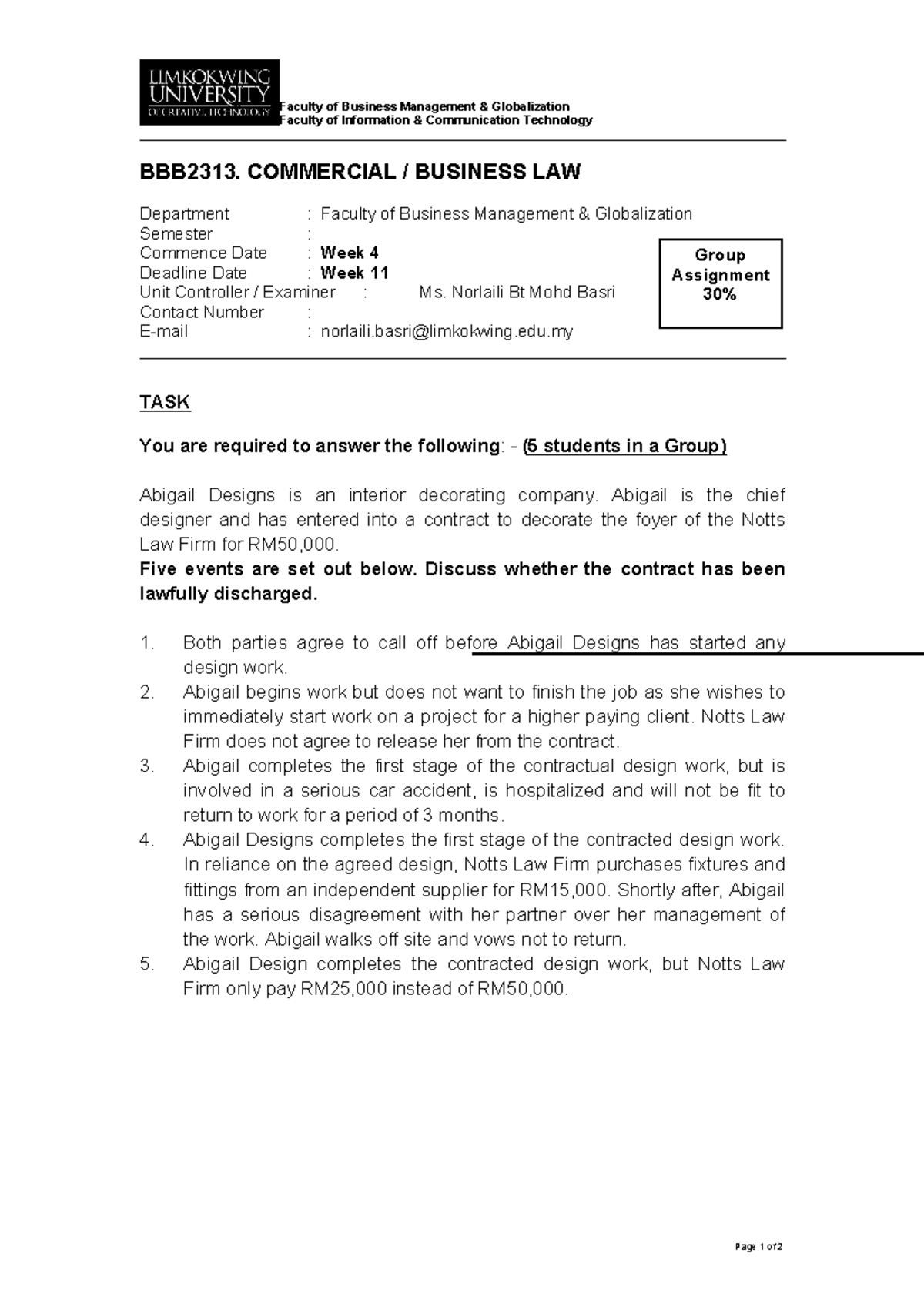 BBB2313. COMMERCIAL / BUSINESS LAW Group Assignment 30% - Faculty of ...
