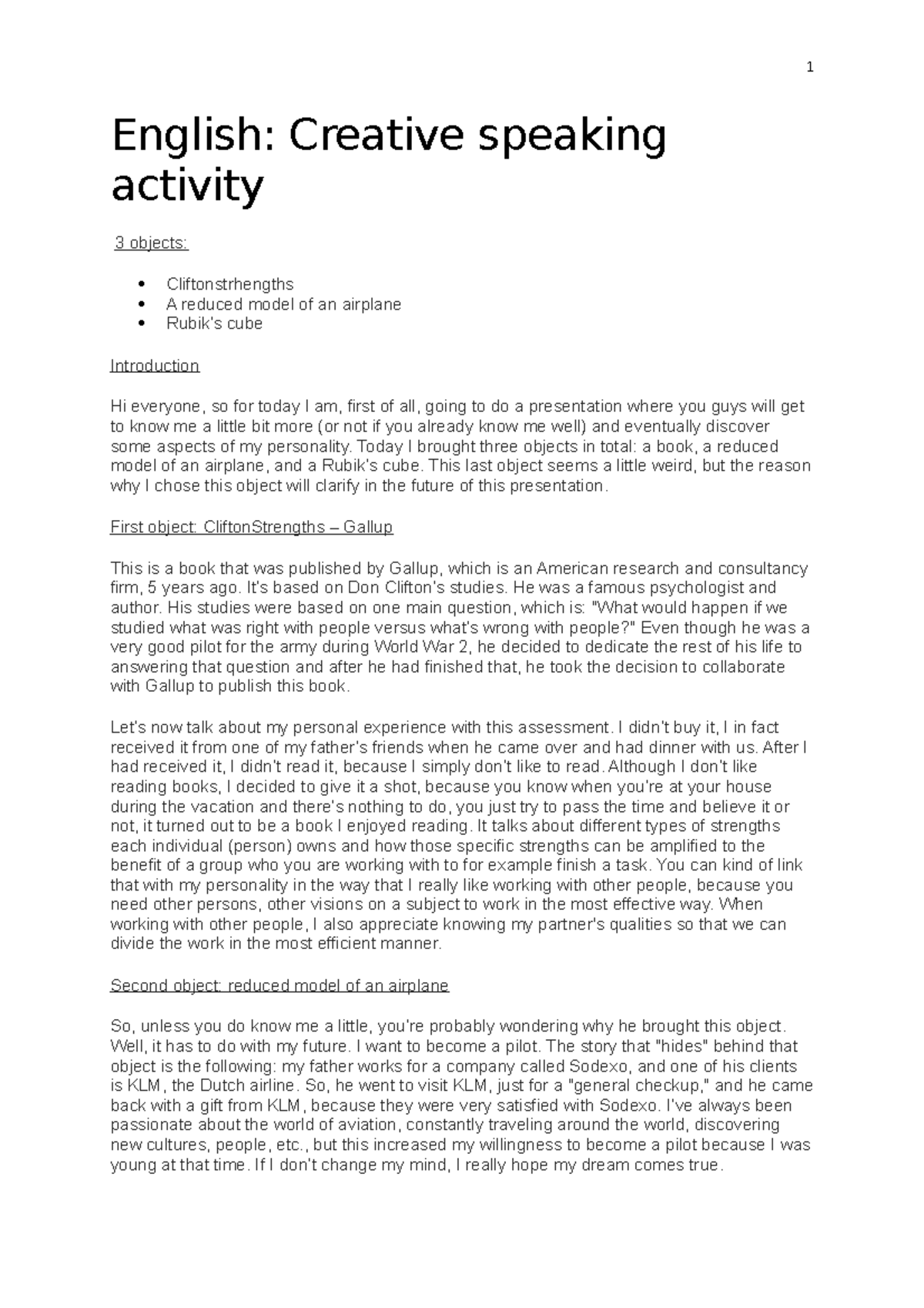 English - Creative speaking activity - 1 English: Creative speaking ...