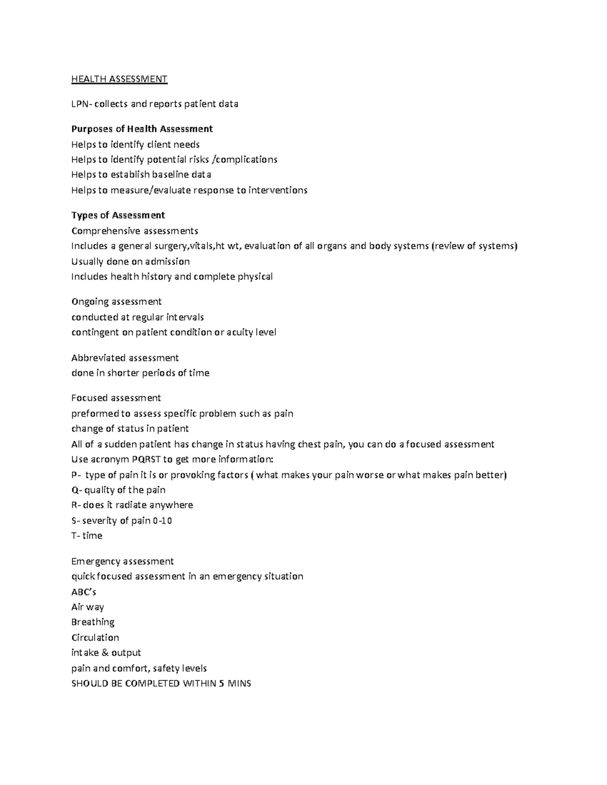 Health assessment PN notes - HEALTH ASSESSMENT LPN- collects and ...