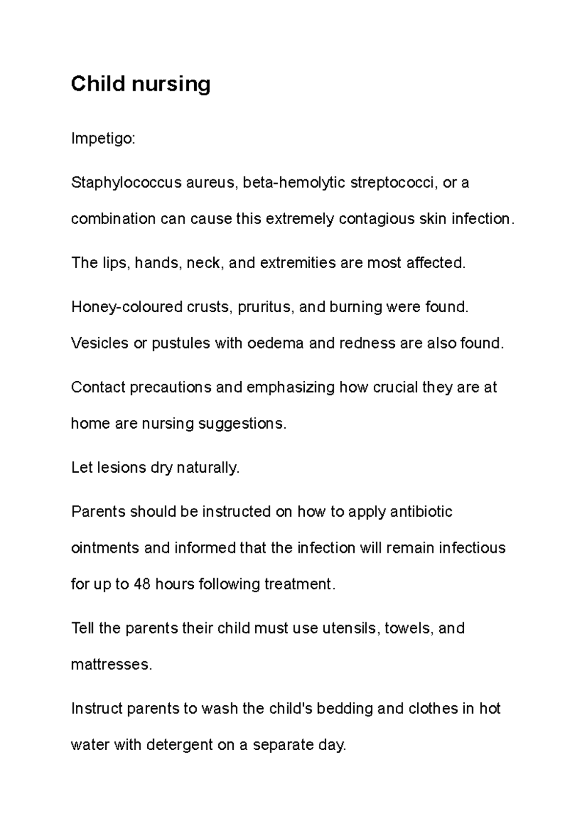 Child nursing - Notes - Child nursing Impetigo: Staphylococcus aureus ...