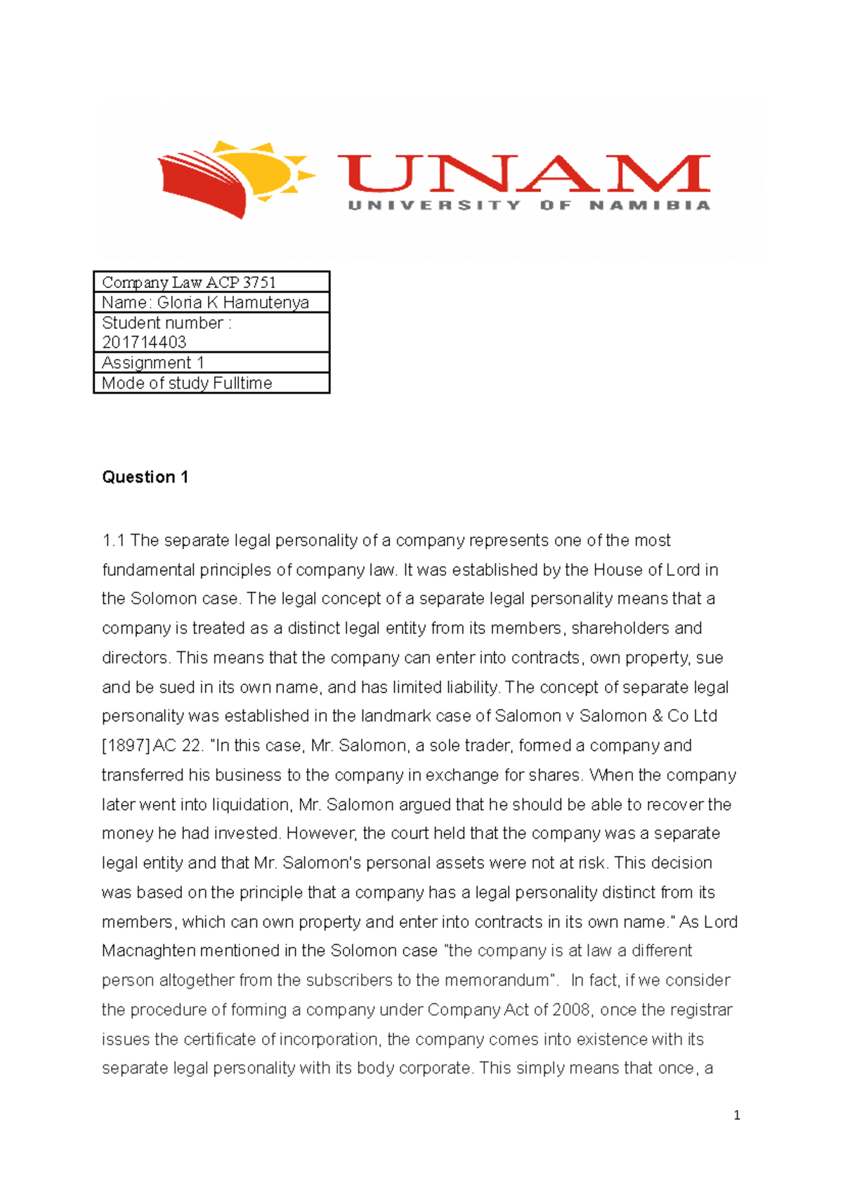 Company law Assignment 1 2023 - Company Law ACP 3751 Name: Gloria K ...