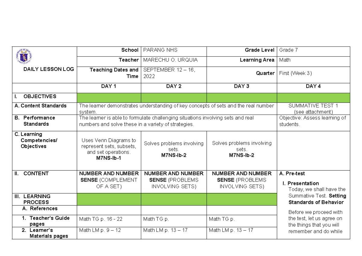 WEEK 3 - mathematics daily lesson log - DAILY LESSON LOG School PARANG ...