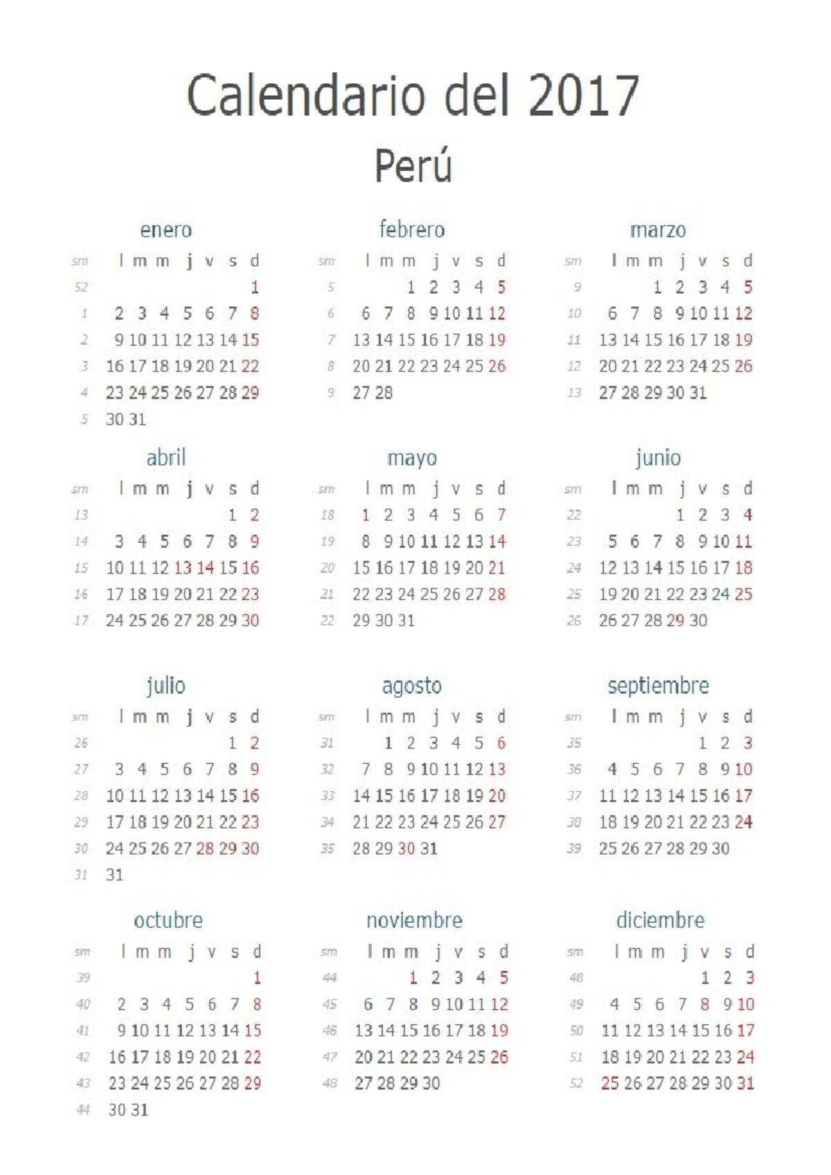 Calendario 2017 - CALE - Calendario del 2017 Perú enero febrero marzo ...