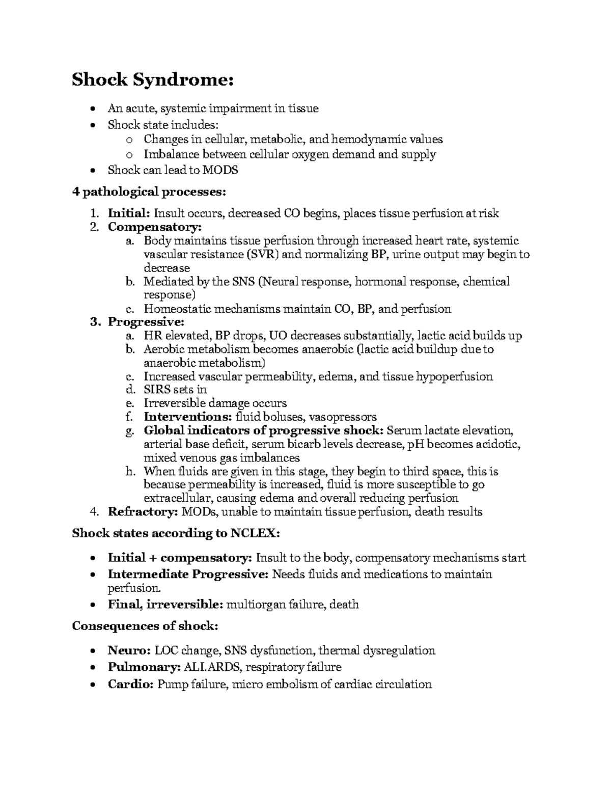 Exam 1 studyguide - Study guide first exam - Shock Syndrome: An acute ...