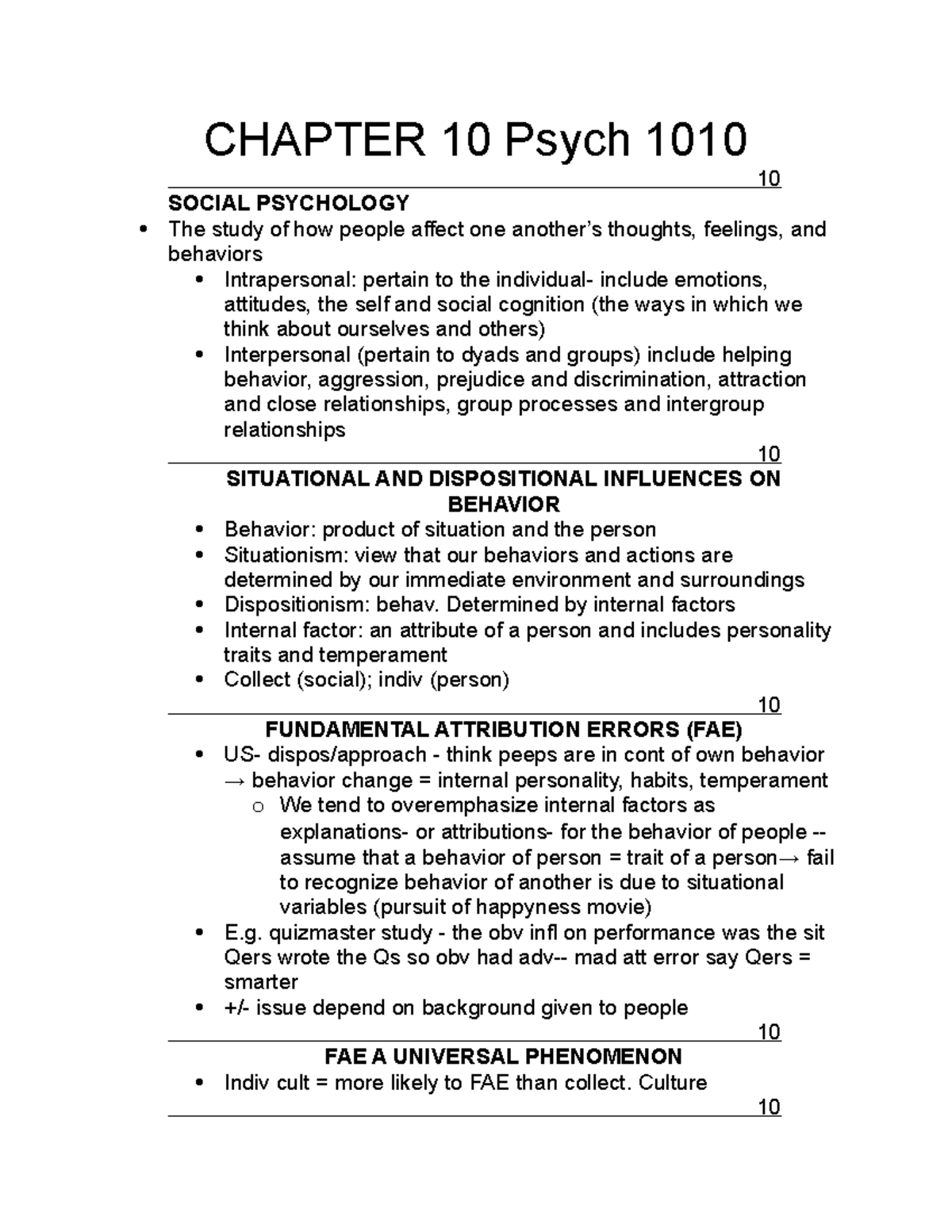 Psych 1010 notes - CHAPTER 10 Psych 1010 10 SOCIAL PSYCHOLOGY The study ...