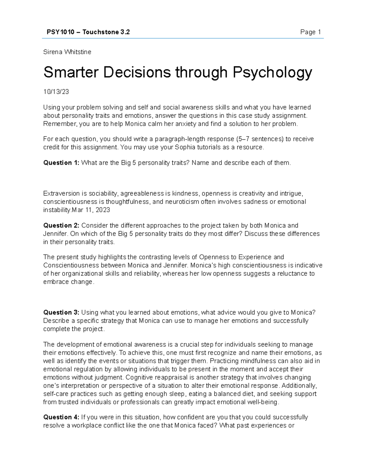 PSY1010 Case Study 2 Template (1)rite - Sirena Whitstine Smarter ...