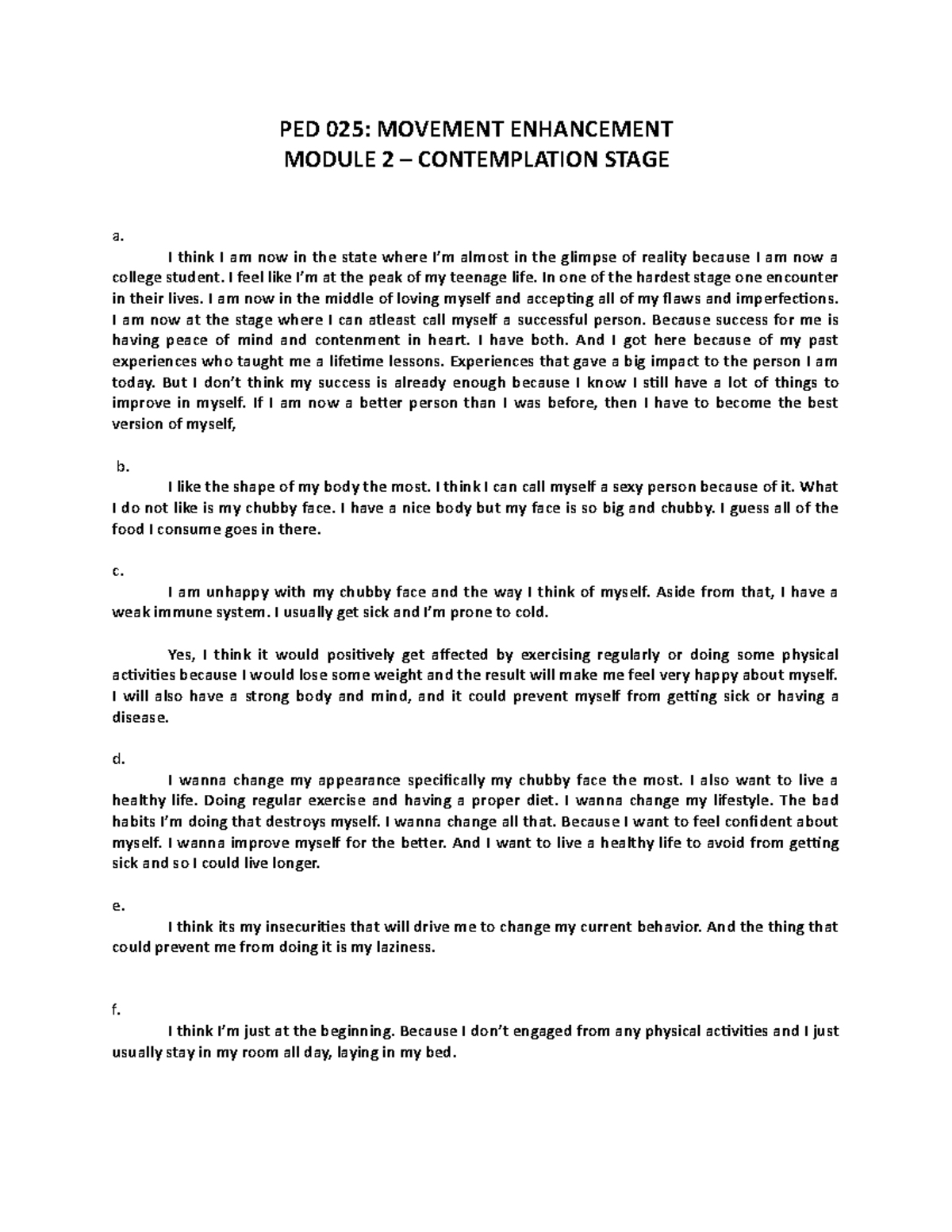 PED 025 Module 2 - Movement Enhancement - PED 025: MOVEMENT ENHANCEMENT MODULE 2 – CONTEMPLATION ...