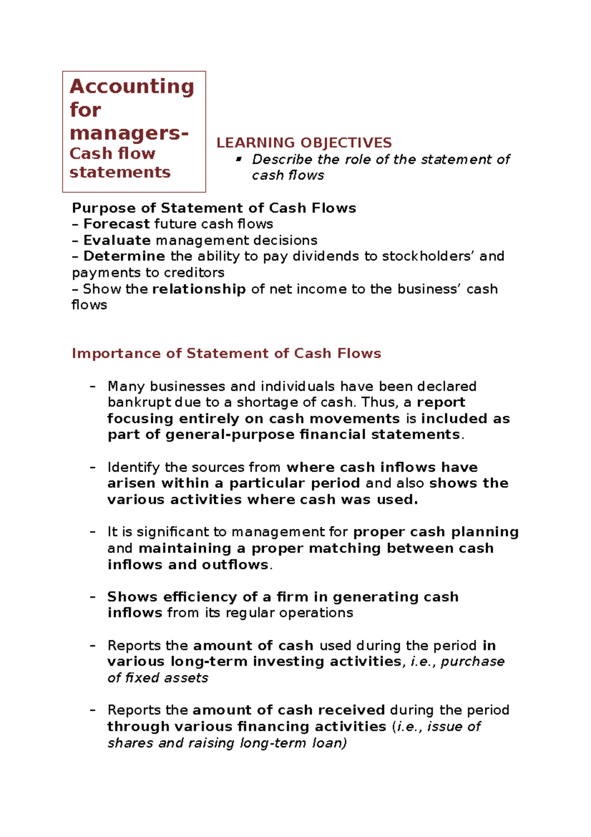 5. Cash flow statements - LEARNING OBJECTIVES Describe the role of the ...