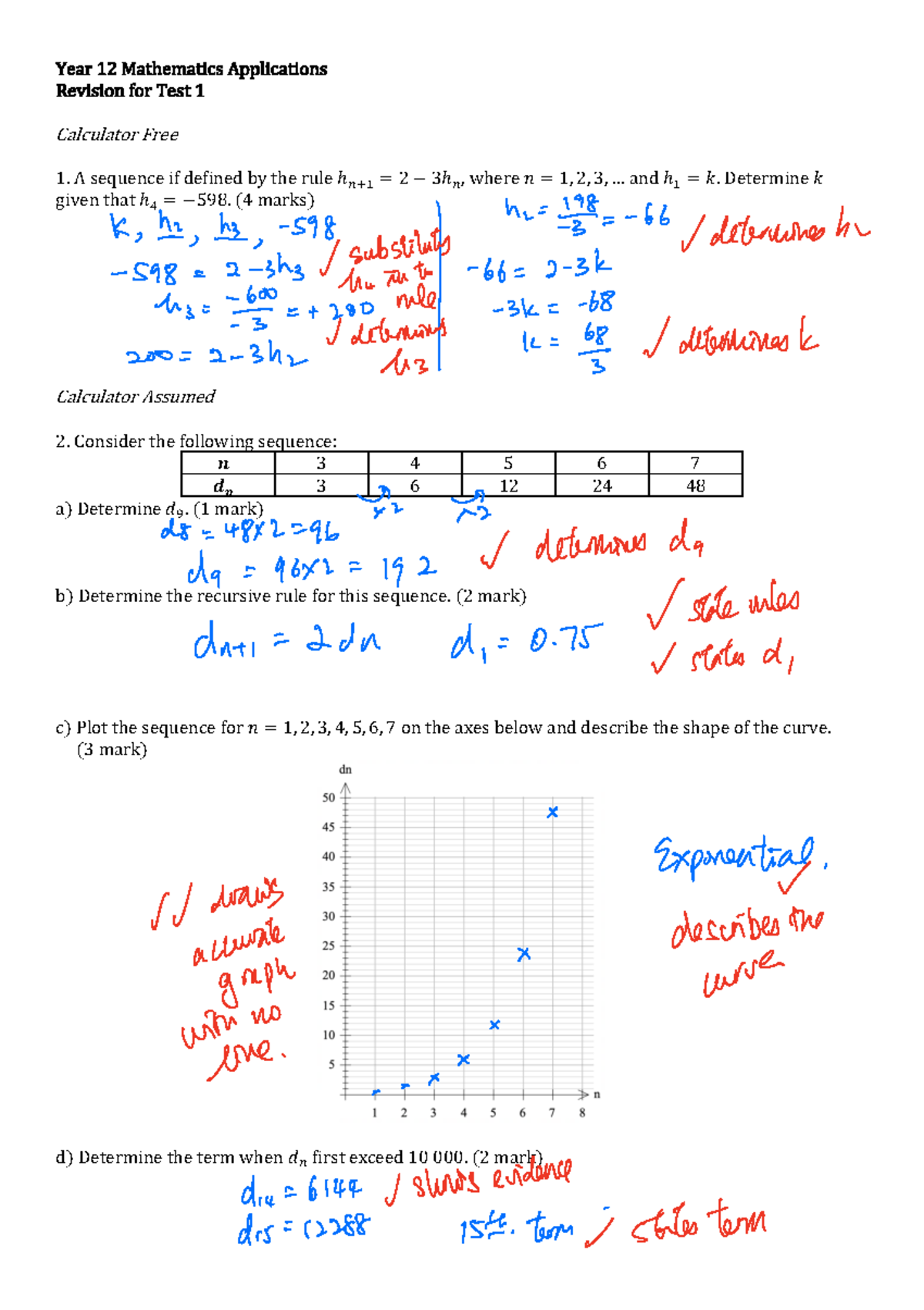 Sequences revision test answers - Year 12 Mathematics Applications ...