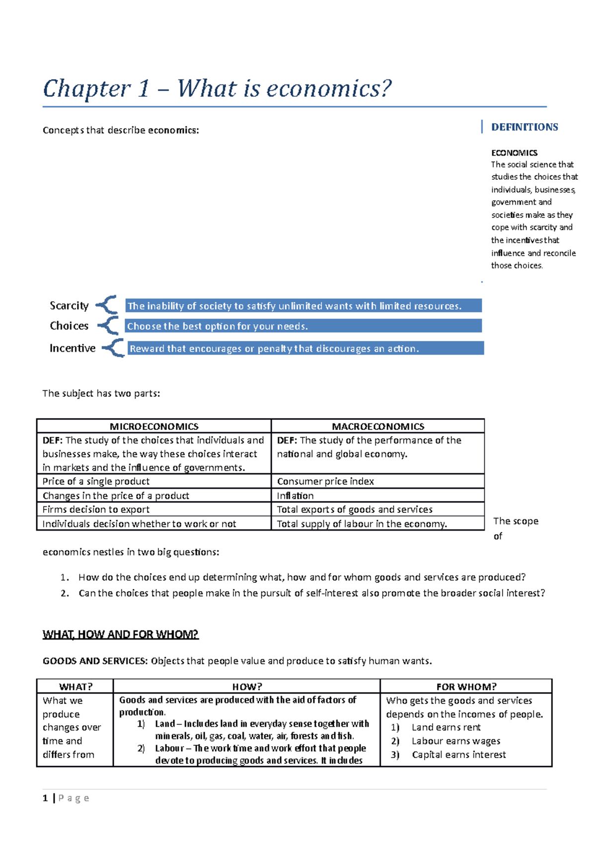 Chapter 1 - Summaries - Chapter 1 – What is economics? Concepts that ...