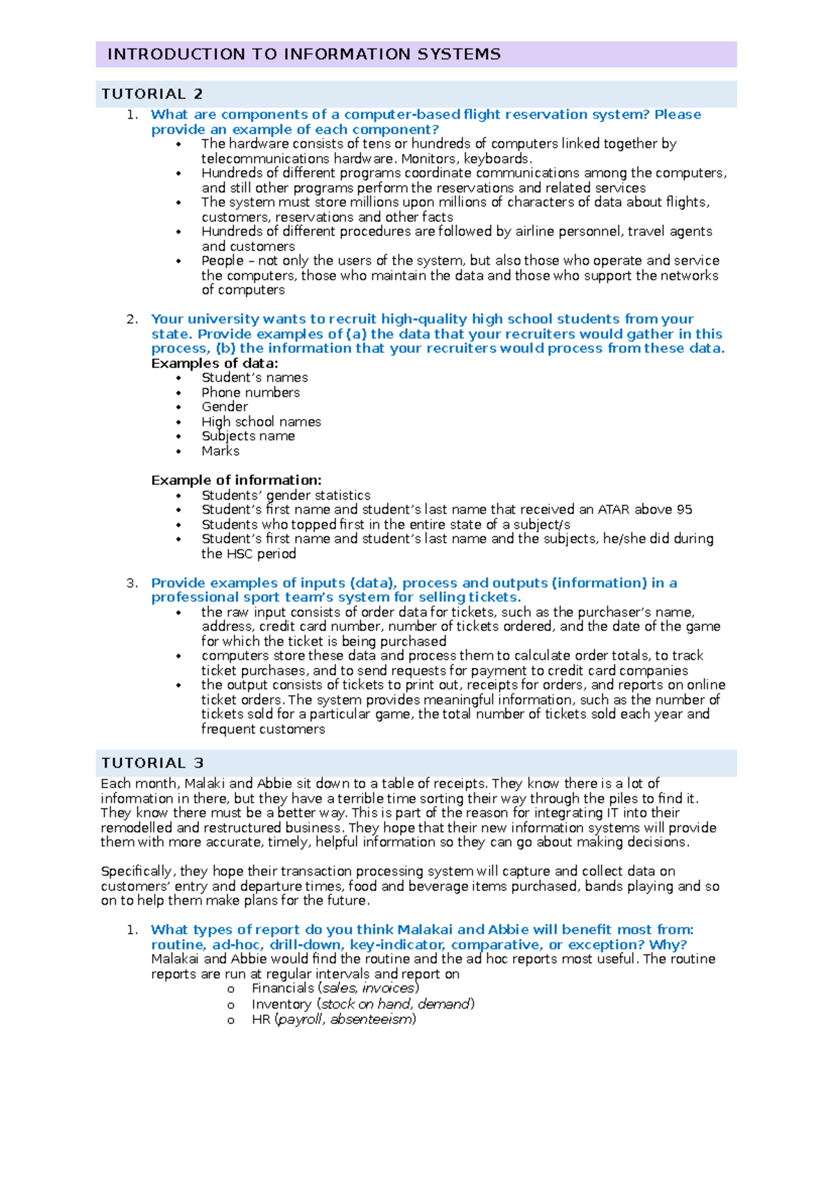 Introduction To Info Systems Tutorial Notes Introduction To Information Systems Tutorial 2