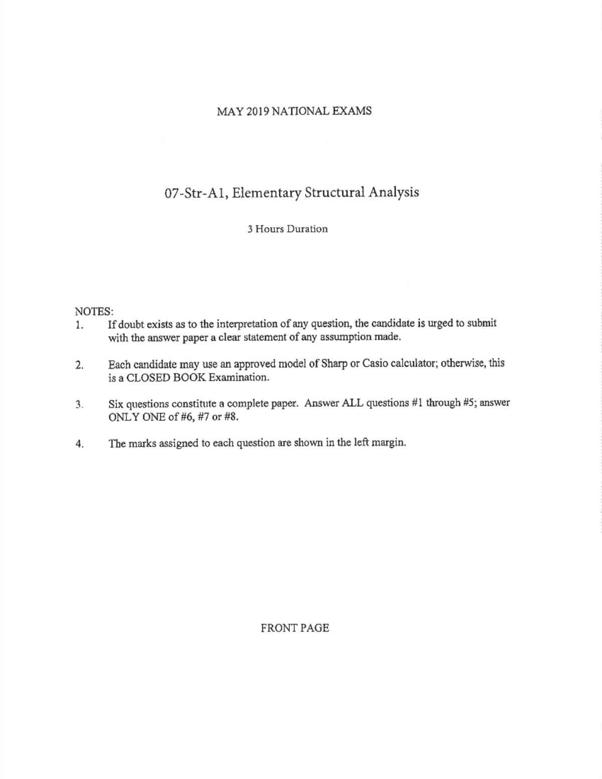 07-Str-A1 - exam - MAY 2019 NATIONAL EXAMS Elementary Structural ...