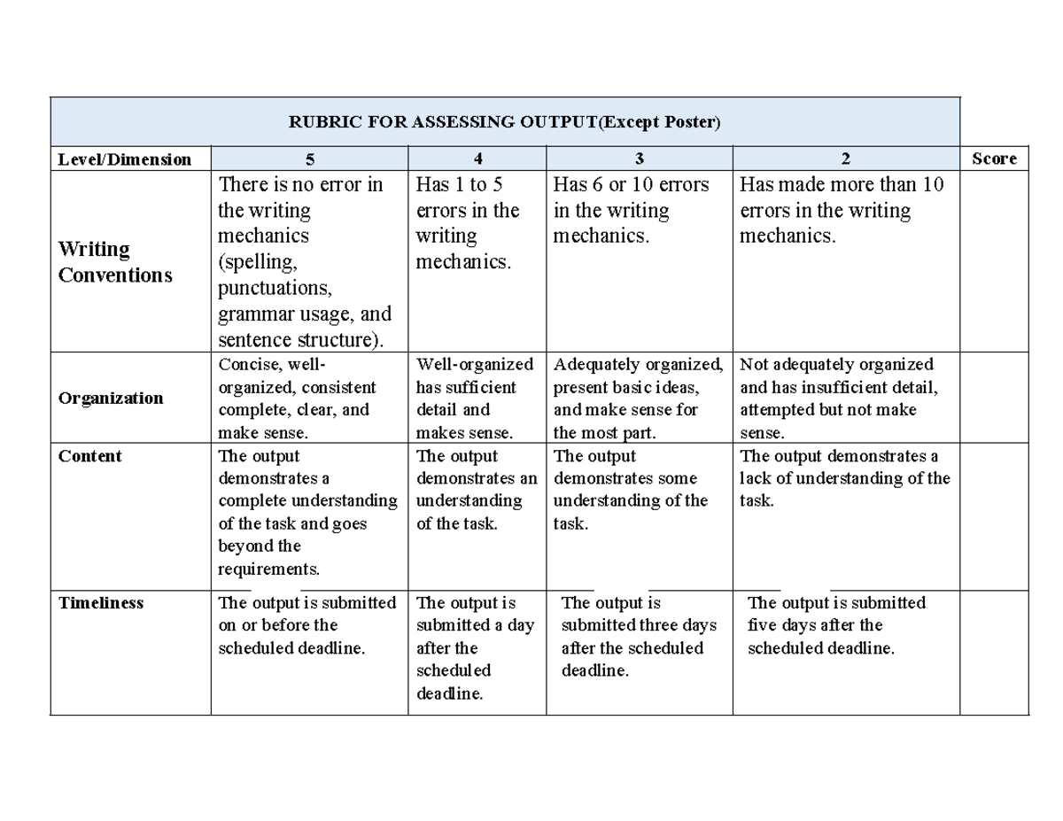 Rubric FOR Assessing POEM etc - RUBRIC FOR ASSESSING OUTPUT(Except ...
