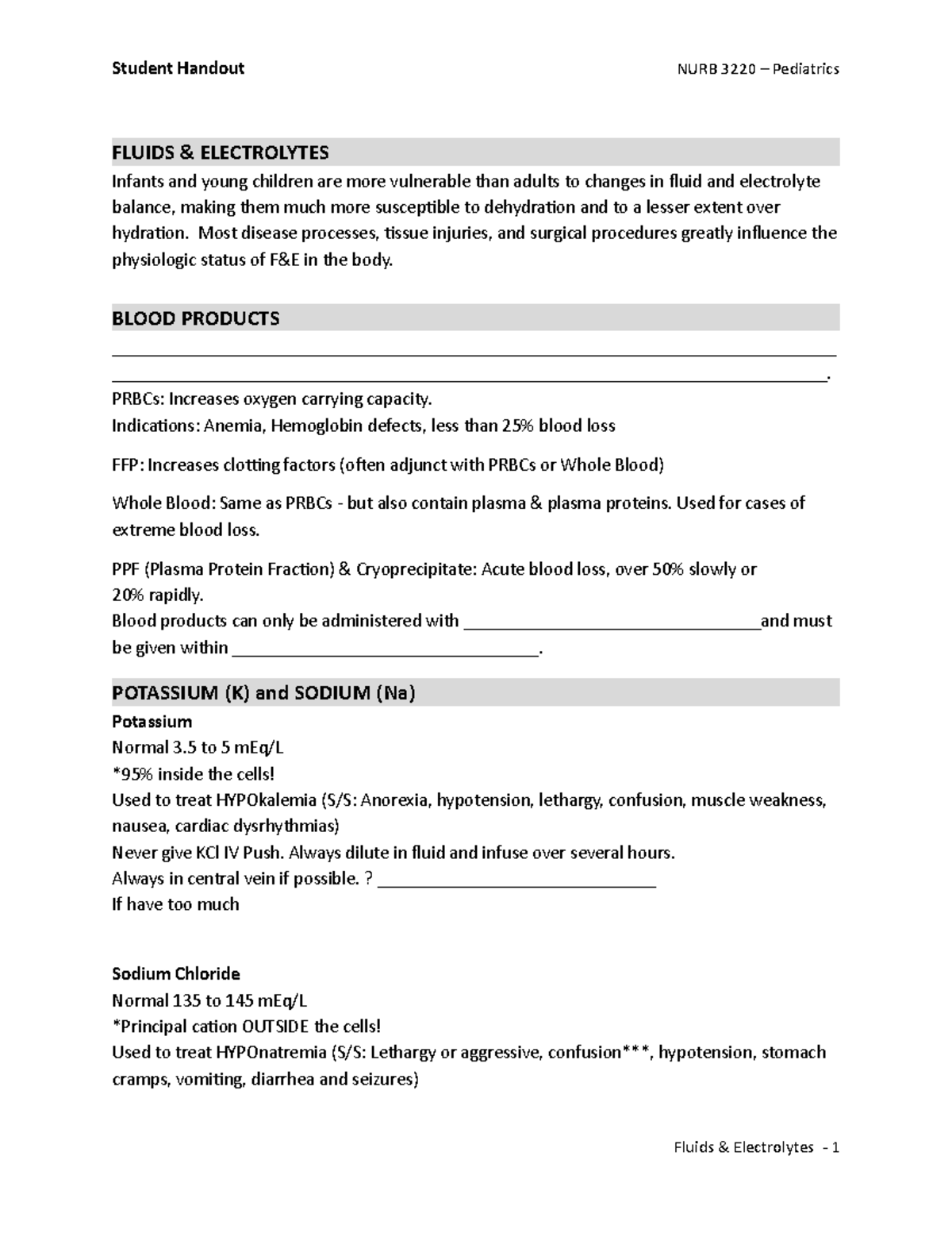 Fluid & electrolytes - Lecture notes 2 - Student Handout NURB 3220 ...