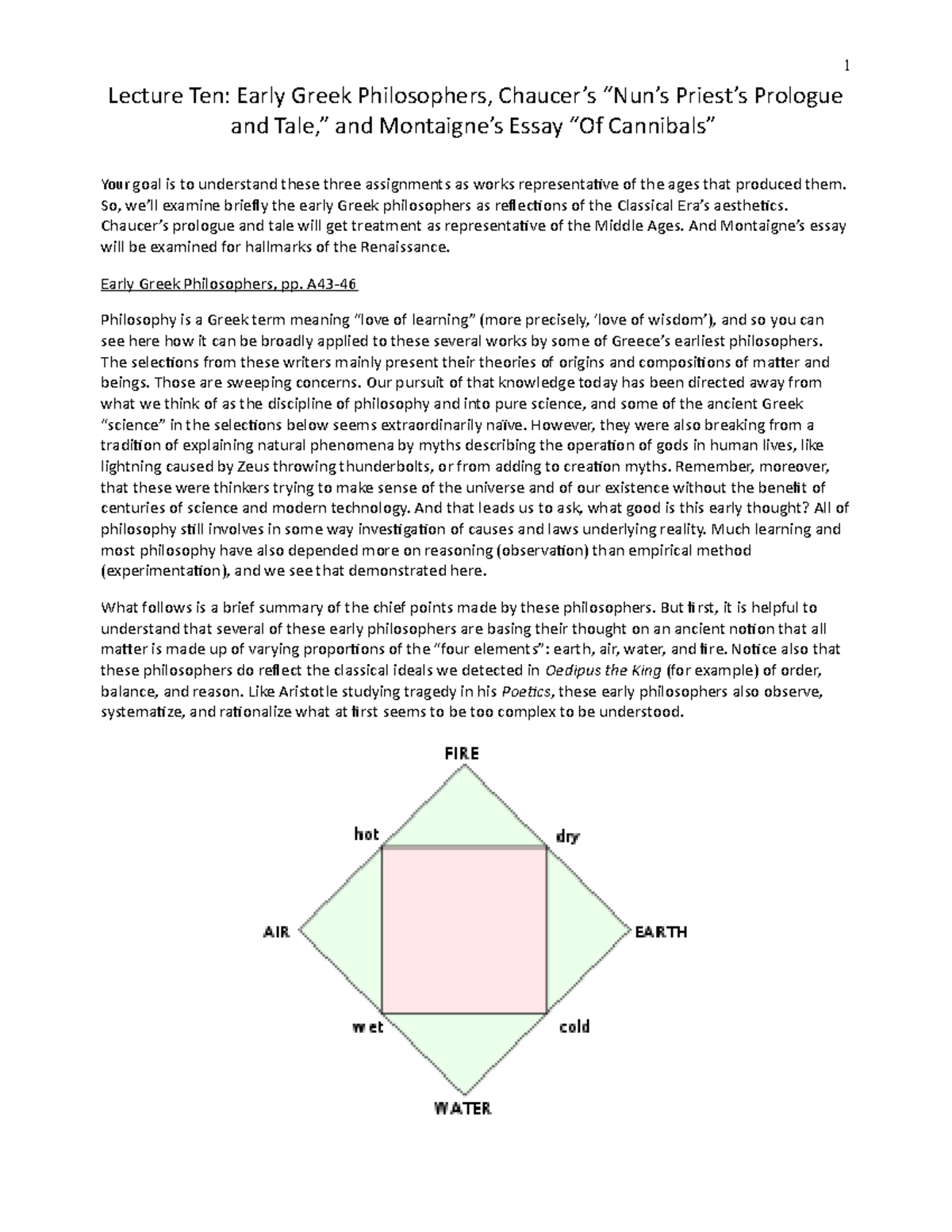 Lecture Ten on Greek Philosophers, Chaucer, Montaigne, rev'd SP19 ...