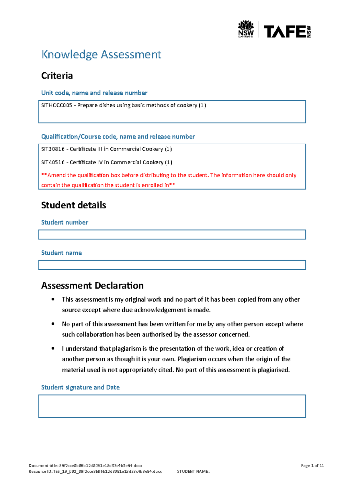 Cl Intro To Cookery AE Kn 2of3 - Knowledge Assessment Criteria Unit ...