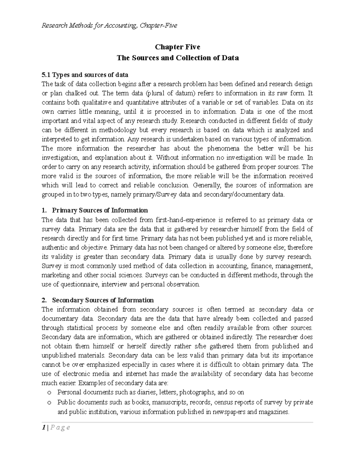 Research Ch-5 - course - Chapter Five The Sources and Collection of ...