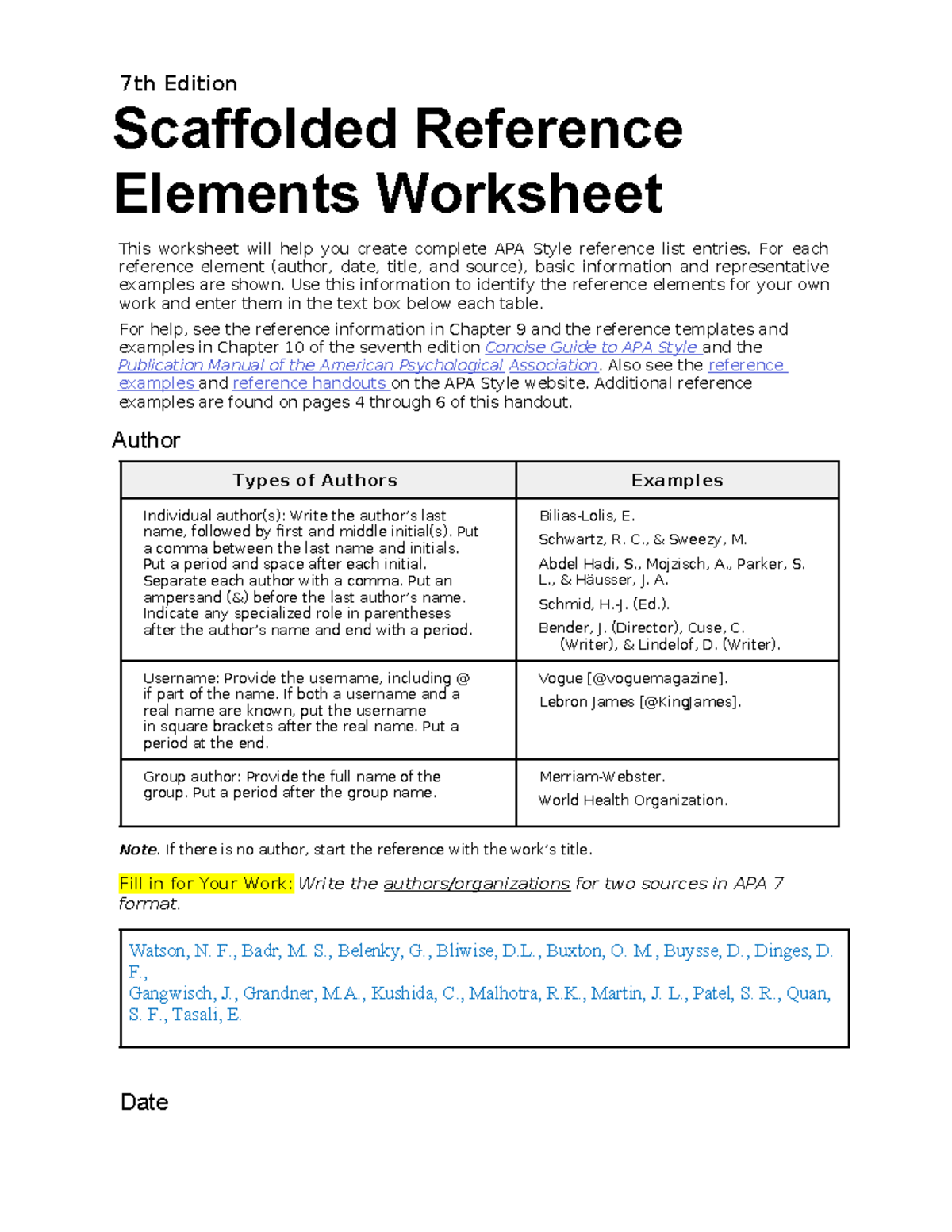 W09 Assignment APA Reference Elements - 7th Edition Scaffolded Reference Elements Worksheet This ...