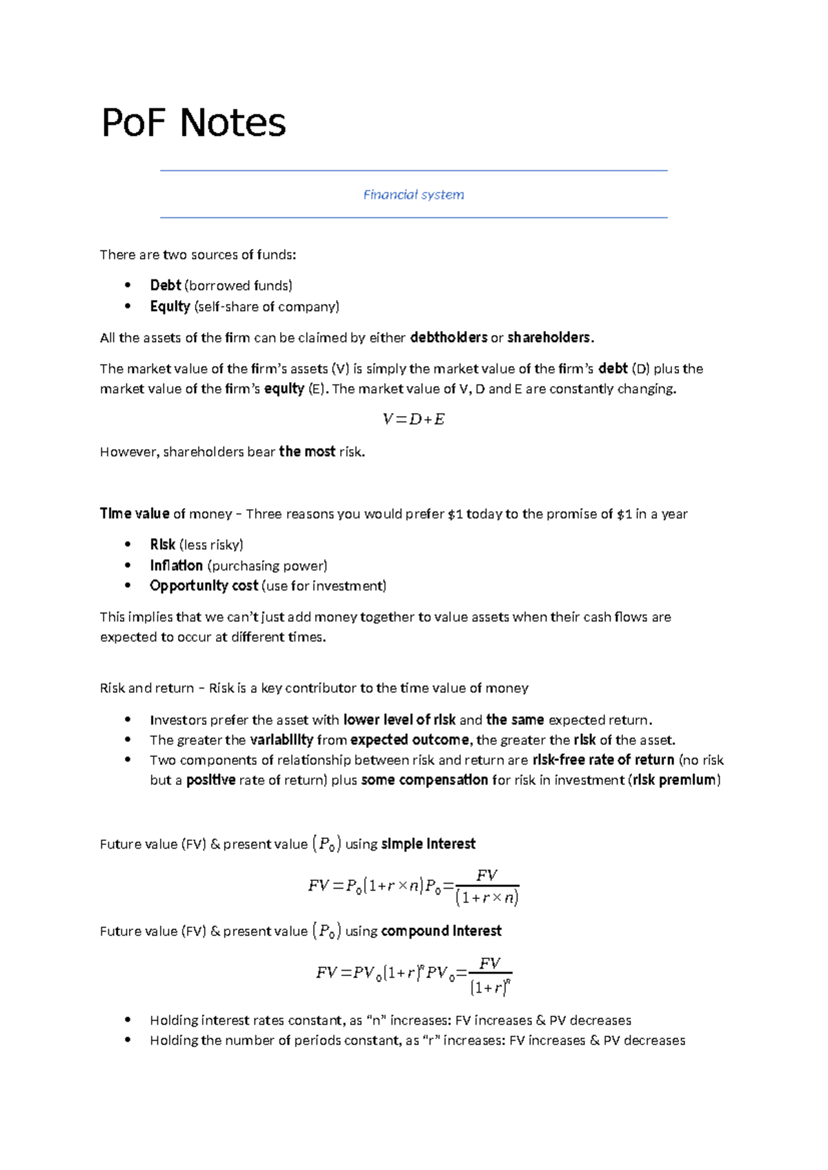 Po F Notes (Exam) - PoF Notes Financial system There are two sources of ...