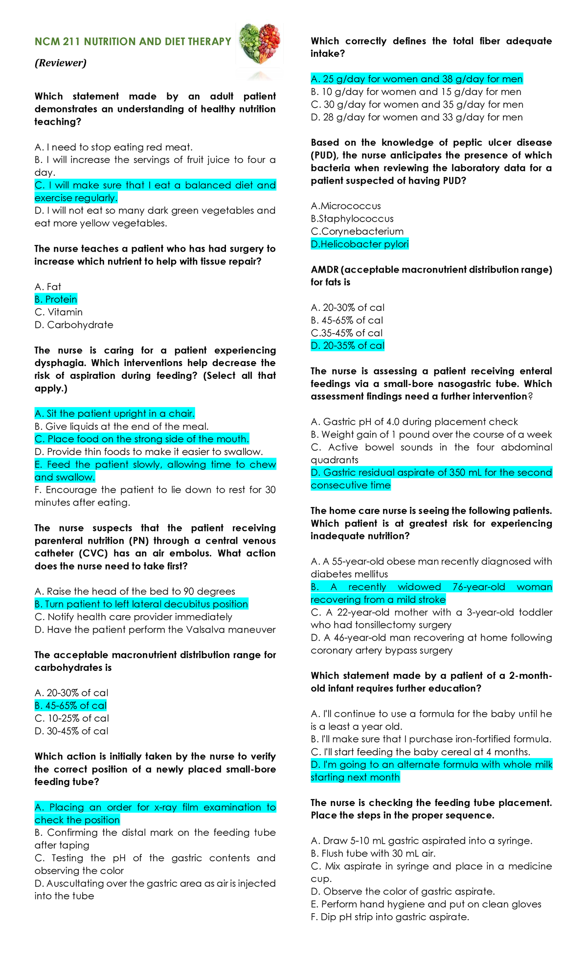 Nutri sample questions - NCM 211 NUTRITION AND DIET THERAPY (Reviewer ...