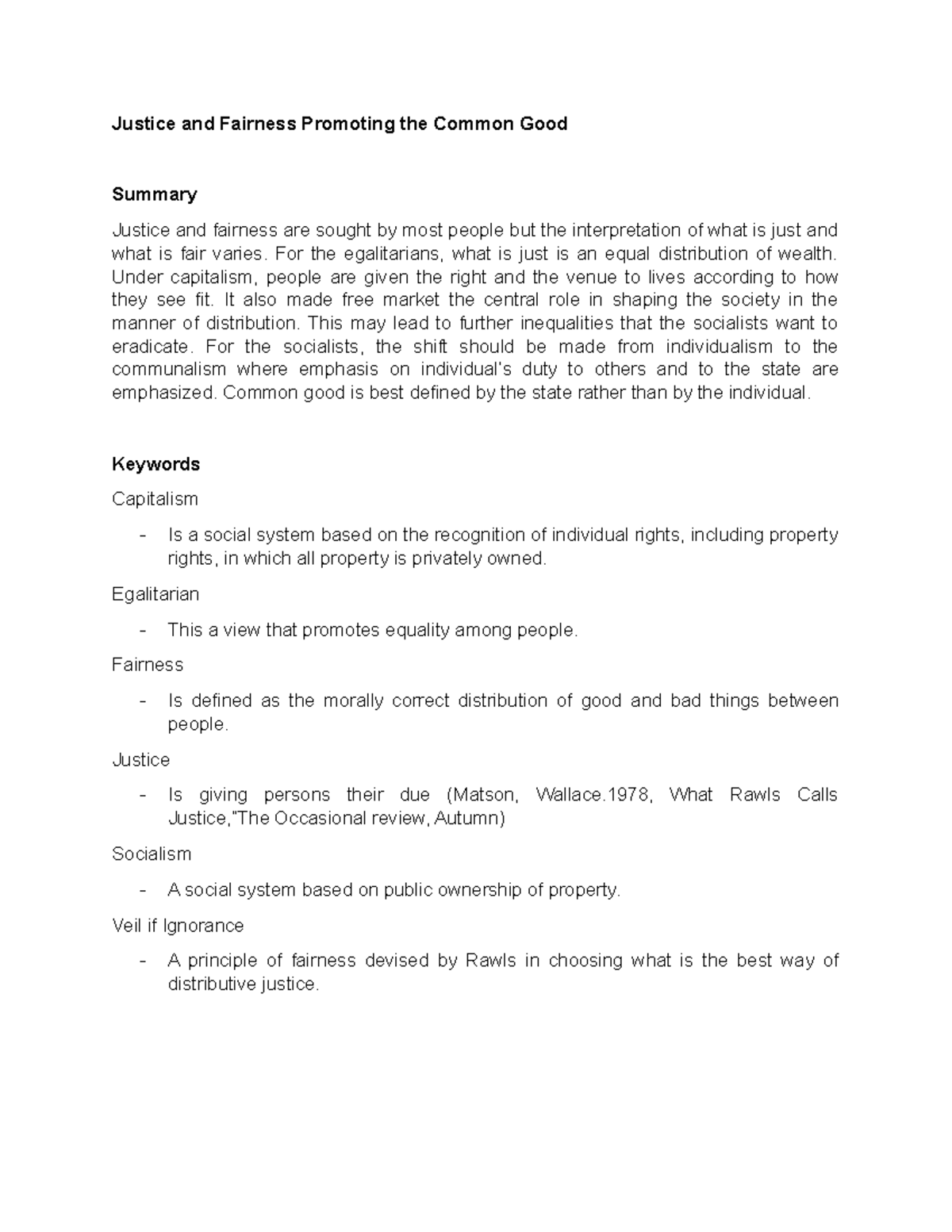 Justice and Fairness Promoting the Common Good Summary and Keywords ...