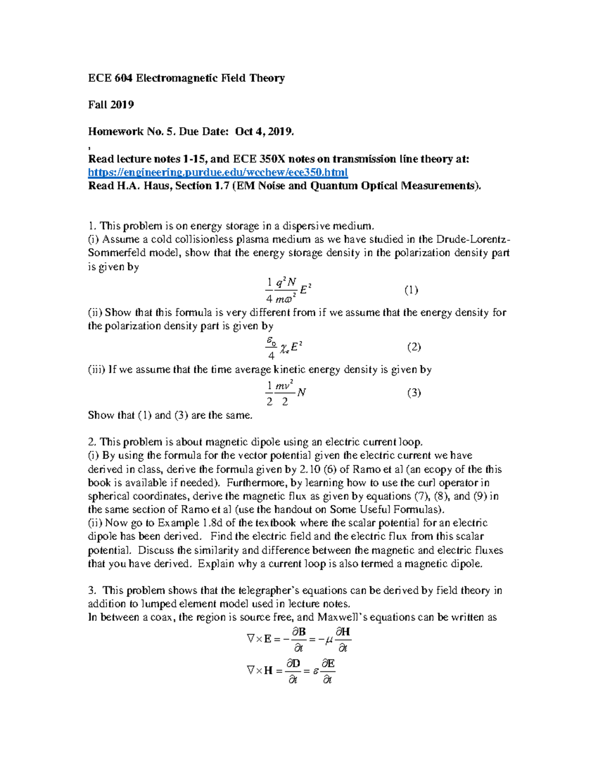 ECE604 f19 hw5 - Homework 5 - ECE 604 Electromagnetic Field Theory Fall ...