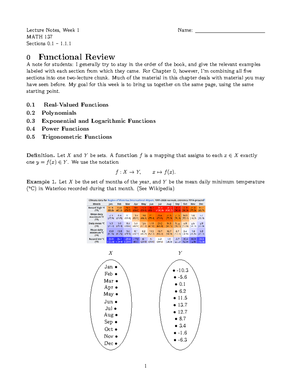 Week 1 - Week 1 Notes - Lecture Notes, Week 1 Name: MATH 137 Sections 0 ...