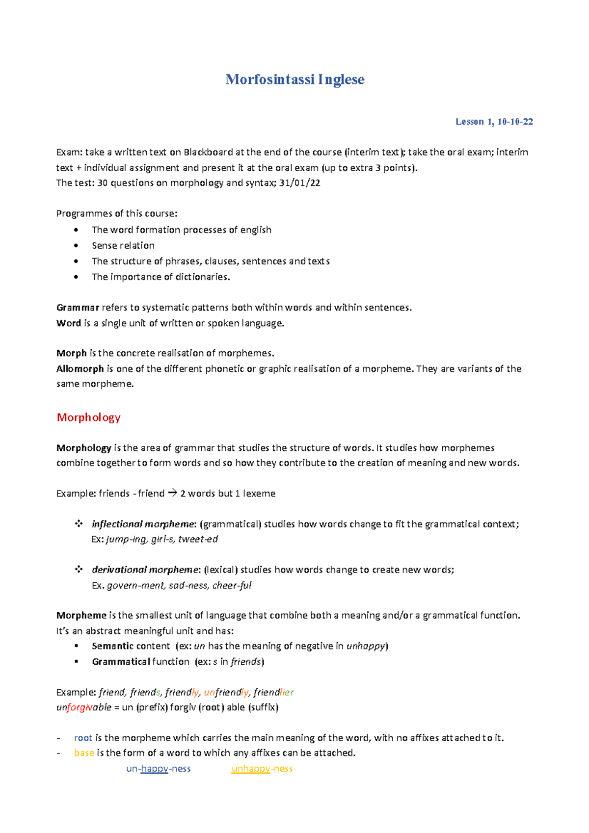 Morfosintassi inglese - Morfosintassi Inglese Lesson 1, 10- 10 - 22 Exam: take a written text on ...