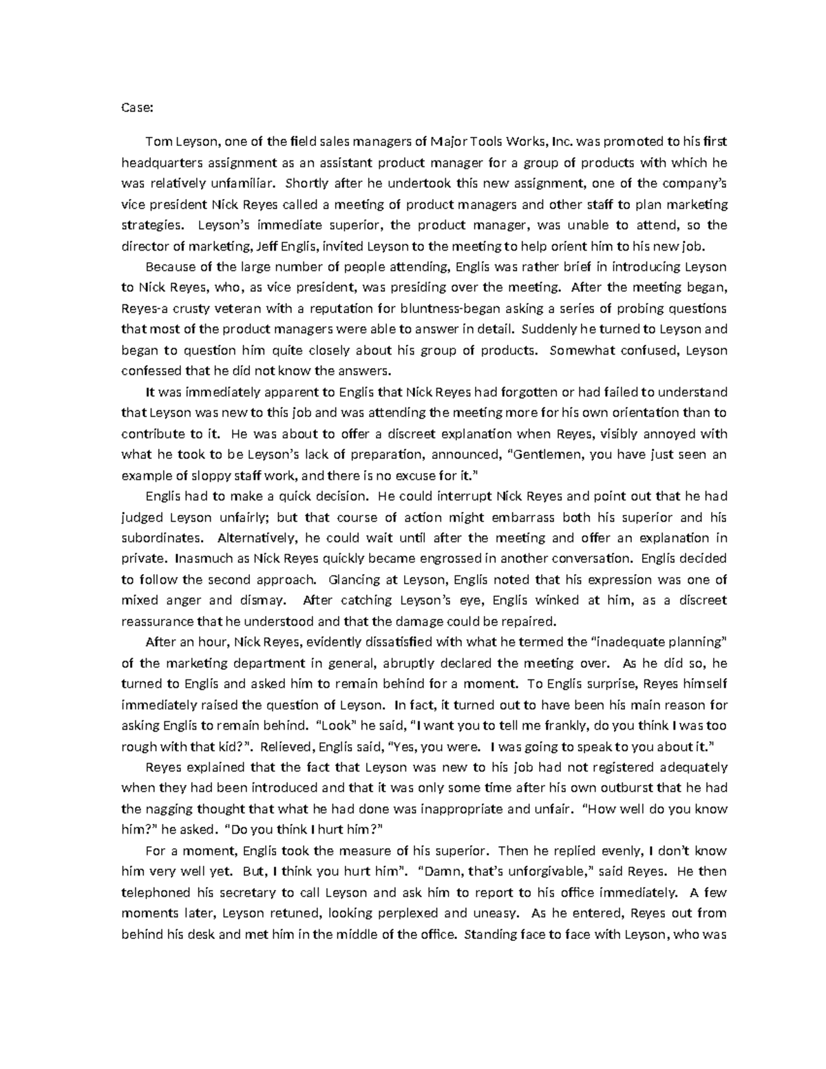 Case Analysis Midterm Exam - Case: Tom Leyson, one of the field sales managers of Major Tools ...